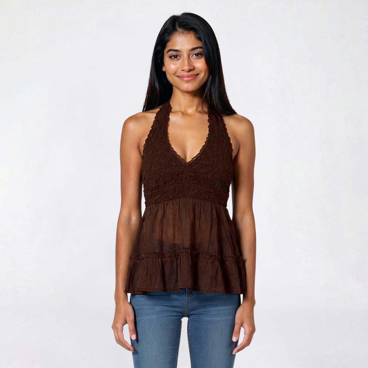 Click here for Juniors Madden Girl Lace Gauze Tie Halter Top prices
